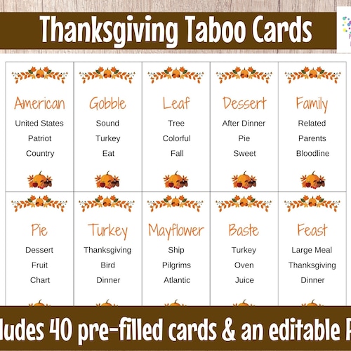 Thanksgiving Taboo Game Cards Party Game Printable - Etsy