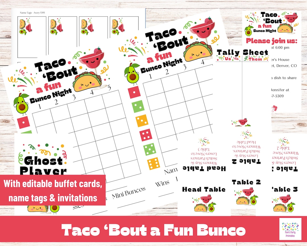 Taco 'bout a Fun Bunco Night Bunco Score Sheets, Taco Tuesday Bunco ...
