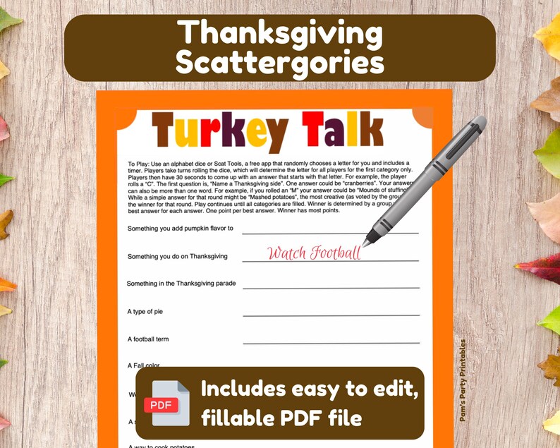 Thanksgiving Scattergories Game Turkey Talk Printable Word Game in ...