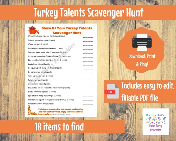 Printable Turkey Talents Scavenger Hunt for Thanksgiving, Friendsgiving ...