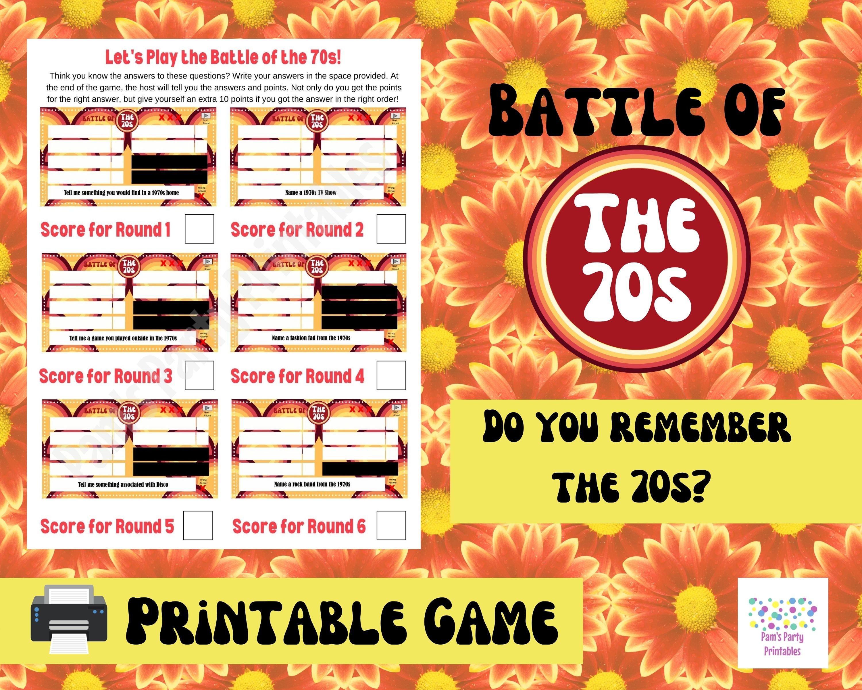 Battle of the 70s Game Show Printable Game, Girls Night, 50th Birthday ...