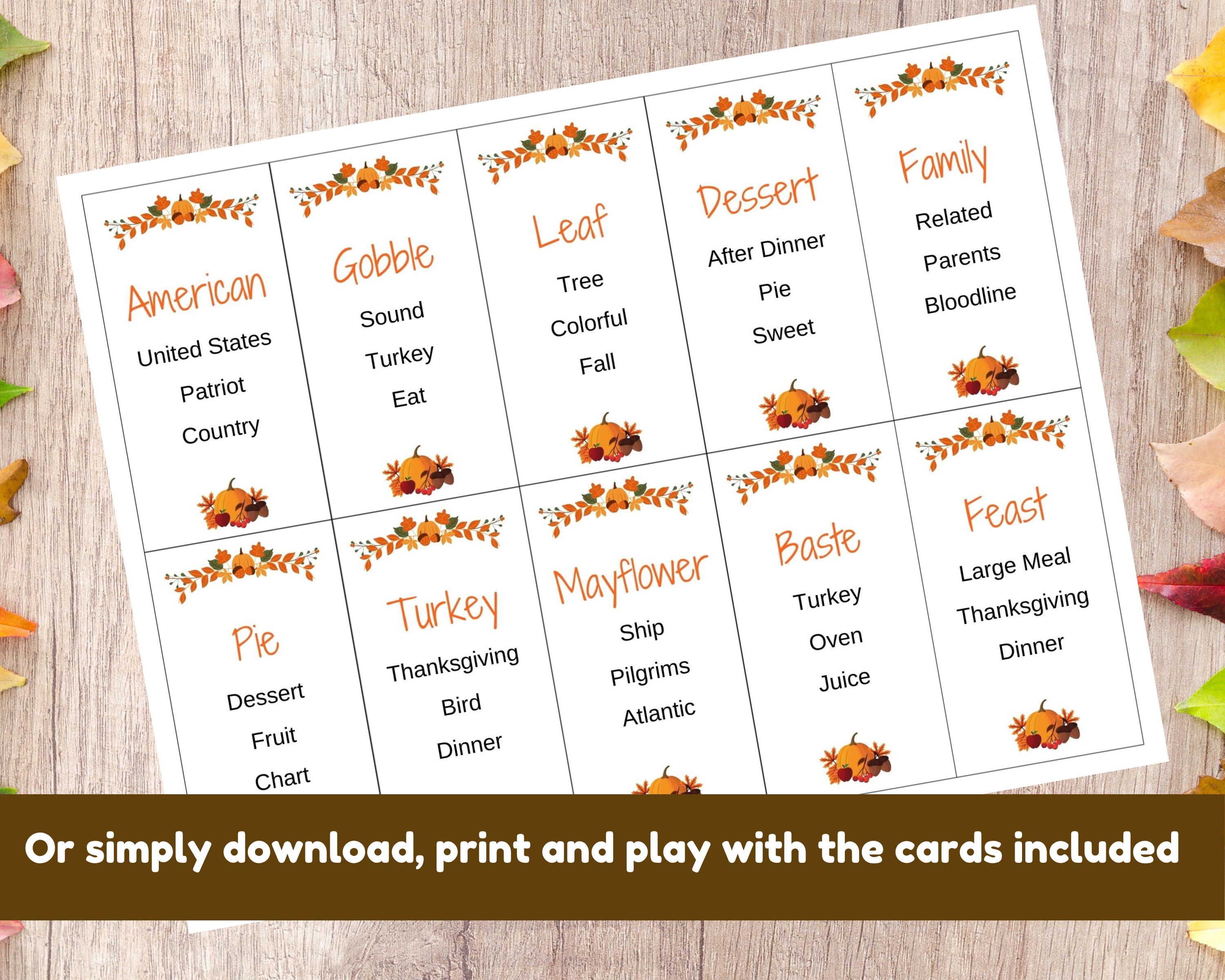 Thanksgiving Taboo Game Printable Cards for Thanksgiving Editable PDF ...