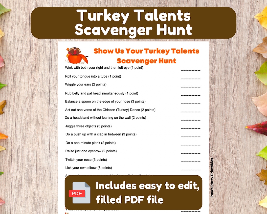Turkey Talents Scavenger Hunt for Thanksgiving Editable Fillable PDF ...