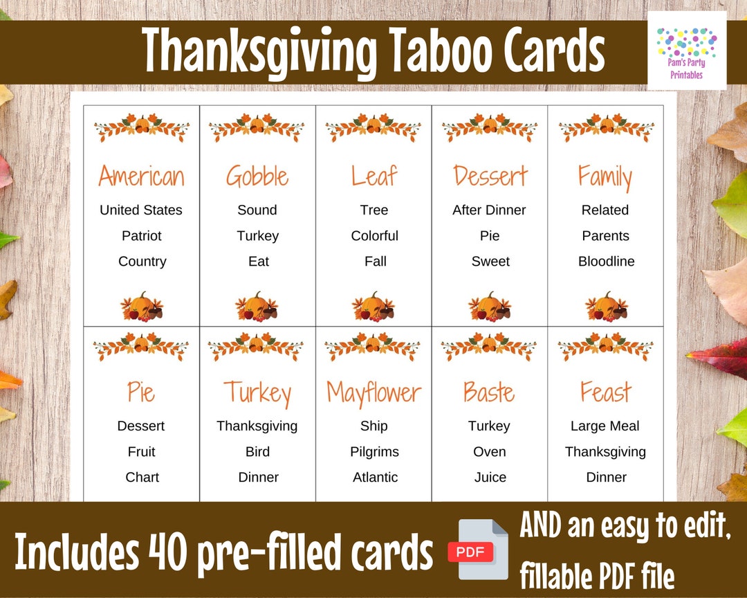 Printable/editable Thanksgiving Taboo Game Cards, Thanksgiving Party ...