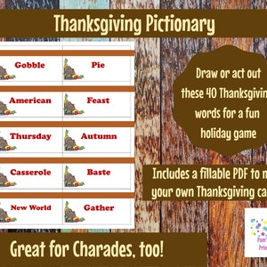 Thanksgiving Pictionary Game Cards. Thanksgiving Charade. Thanksgiving ...