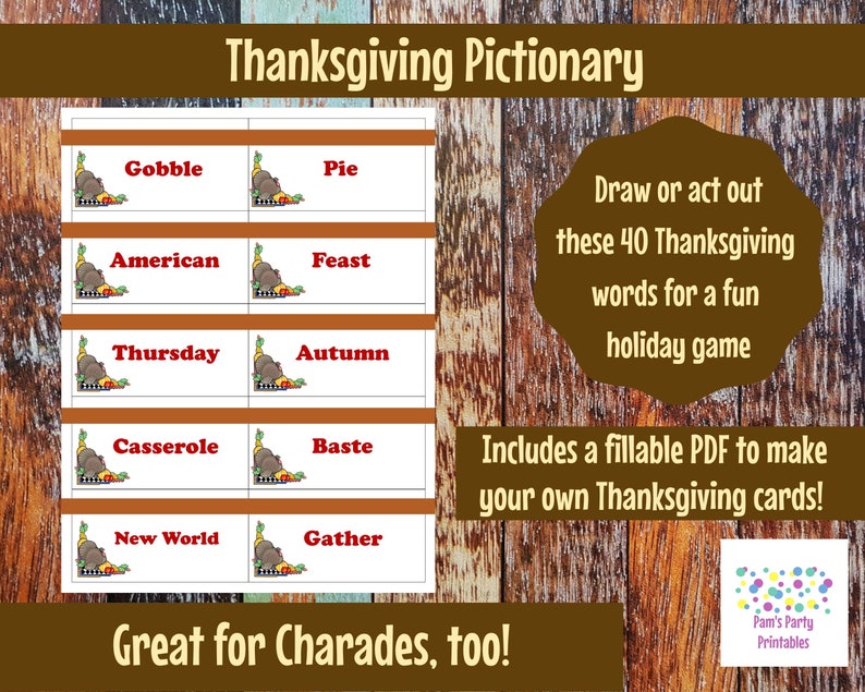 Thanksgiving Pictionary Game Cards. Thanksgiving Charade. Thanksgiving ...