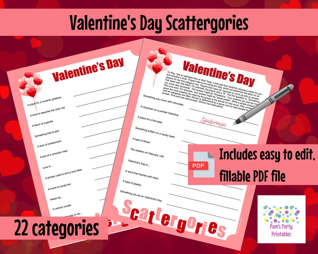 Valentines Scattergories. Valentines Word Game, Printable Game ...