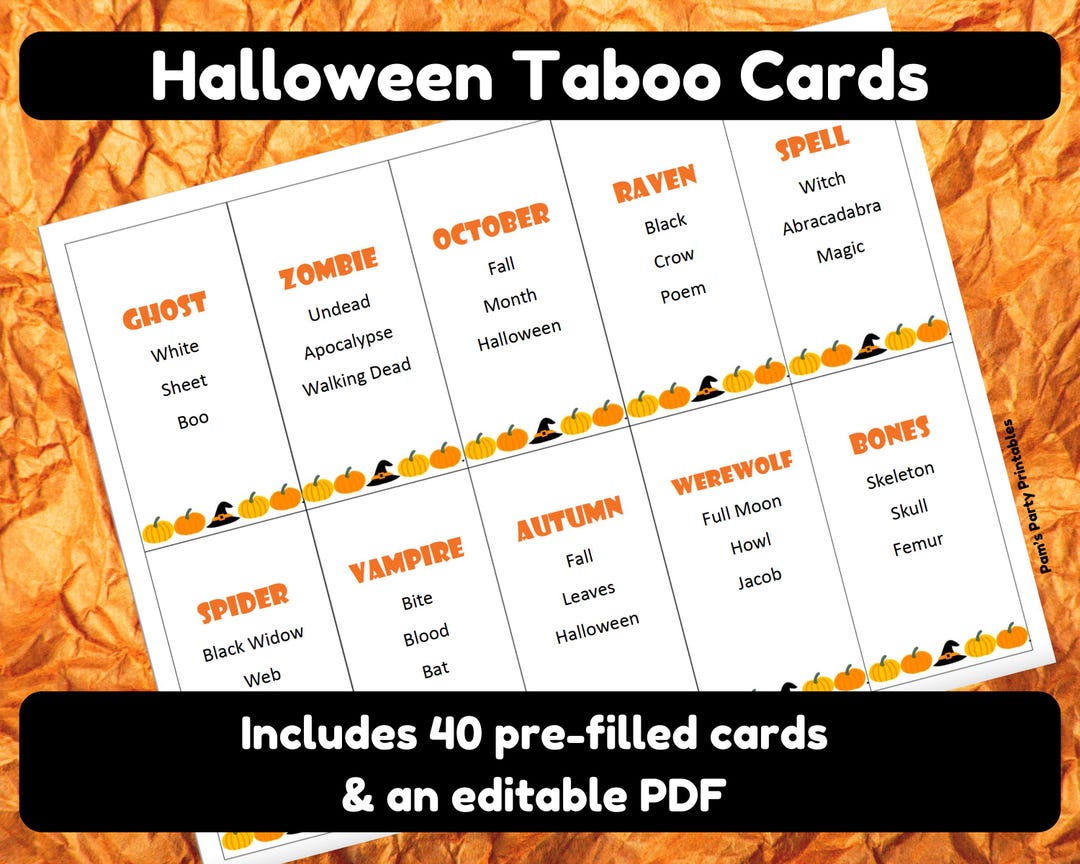 Halloween Taboo Game Printable Spooky Word Cards Editable PDF Halloween ...