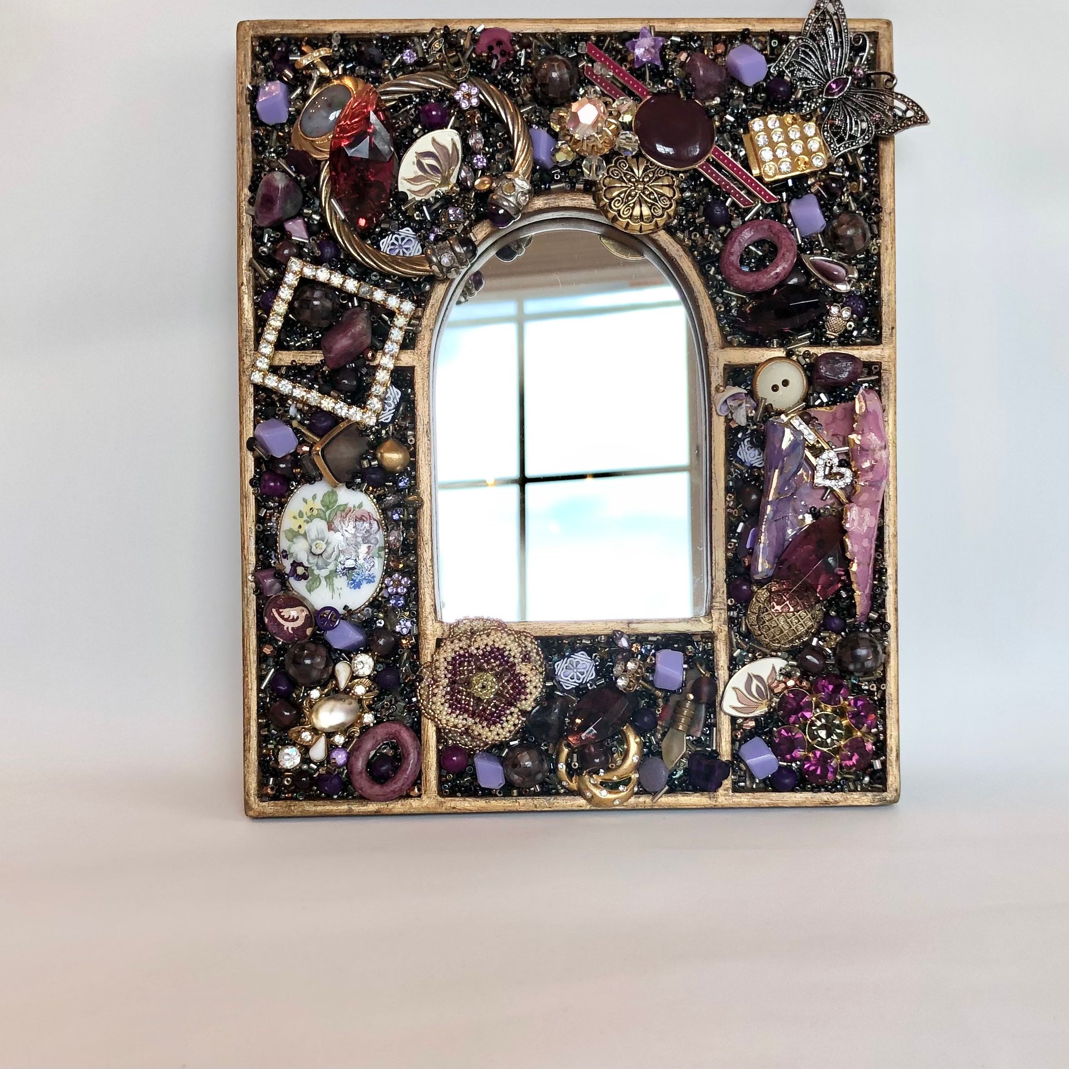 Maximalist Purple Wall Mirror With Vintage Jewelry, Mirror With Purple ...