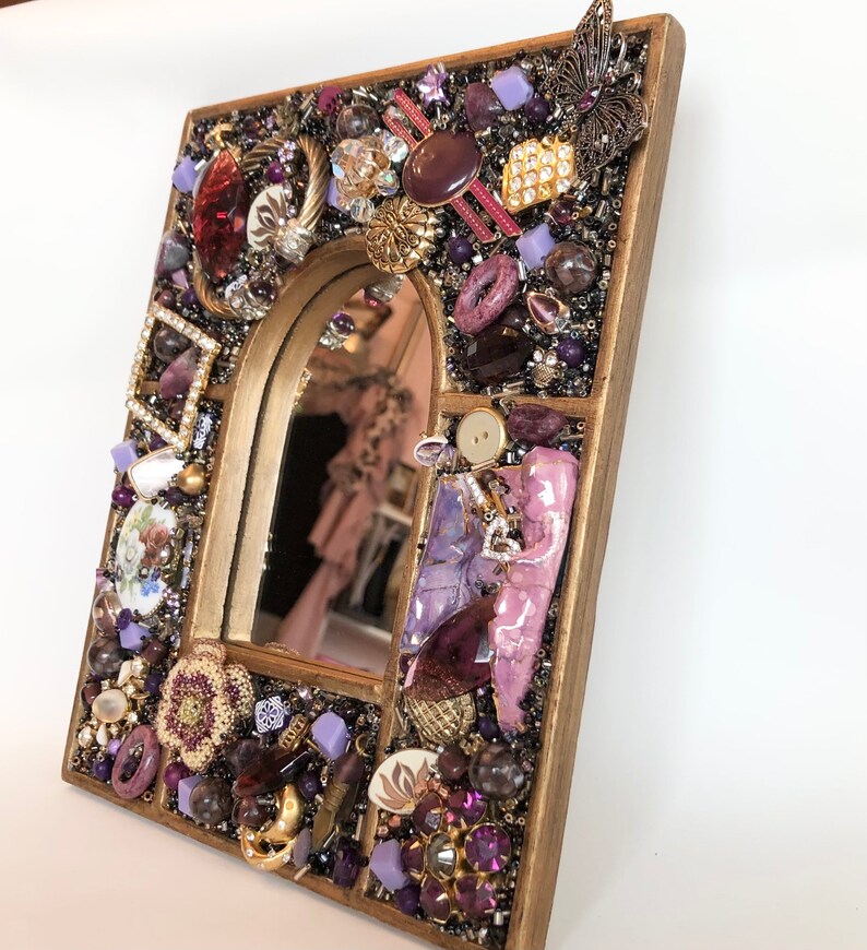 Maximalist Purple Wall Mirror With Vintage Jewelry, Mirror With Purple ...