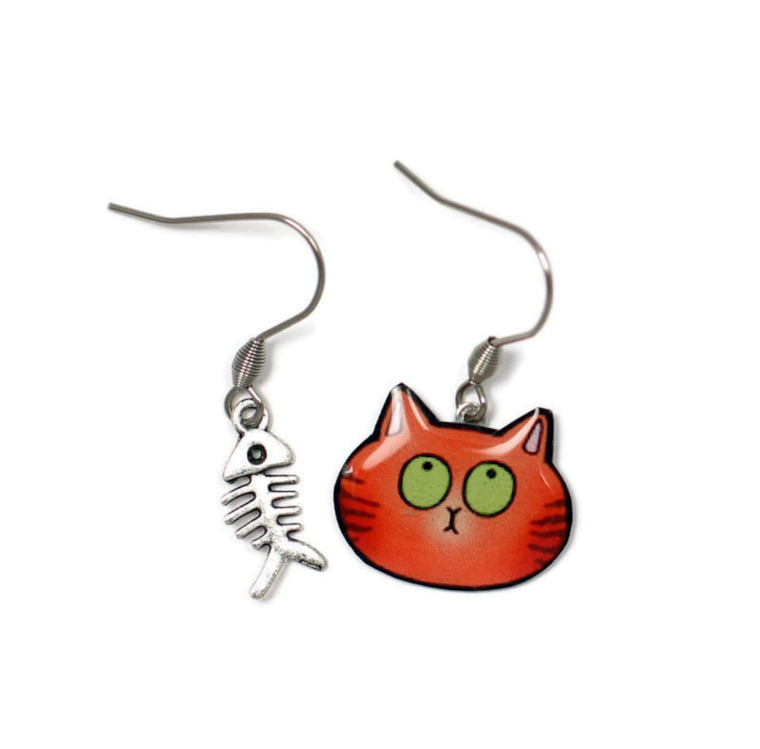 Mismatched Ginger Cat and Fishbone Earrings - Etsy