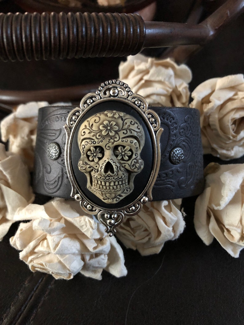 Sugar Skull Bracelet Leather Cuffskull Giftgothic | Etsy