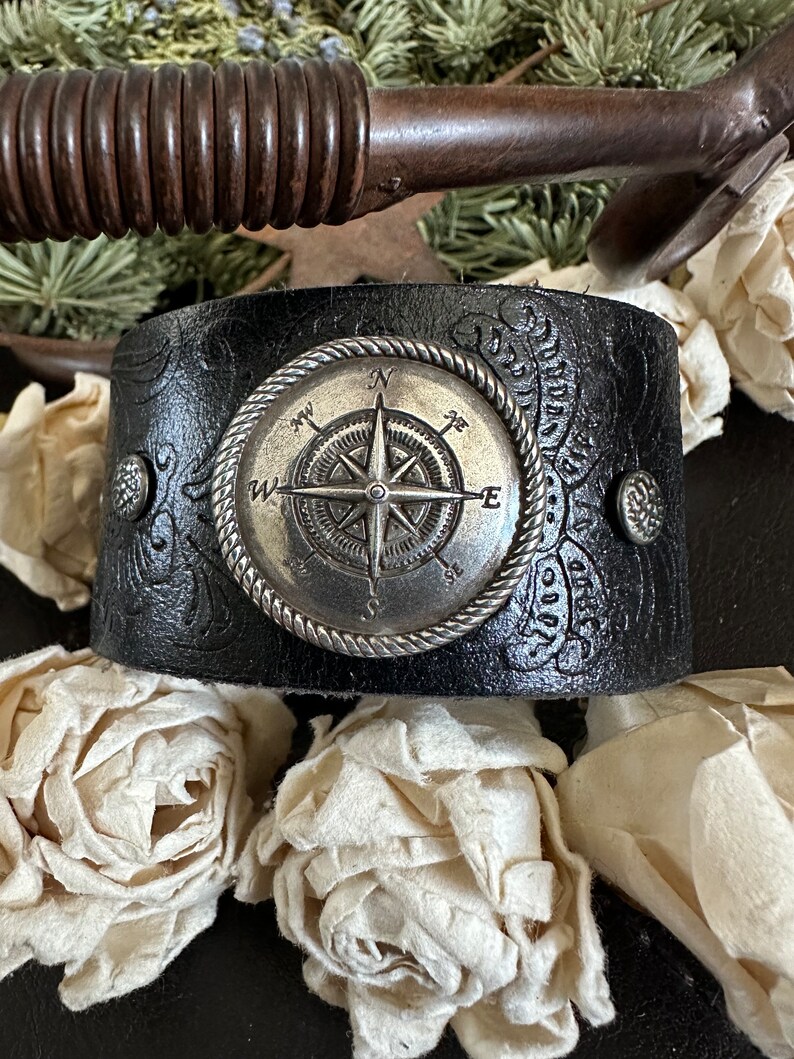 Compass Bracelet Leather Cuff, Compass Gifts, Nautical Jewelry, Leather ...