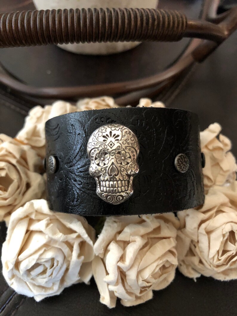 Sugar Skull Bracelet Leather Cuffskull Giftgothic - Etsy