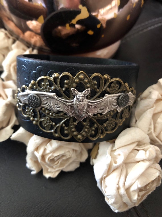 Bat bracelet leather cuff bat gift bat jewelry gothic gift | Etsy