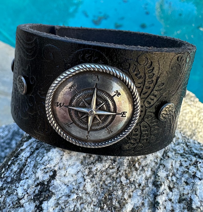 Compass Bracelet Leather Cuff, Compass Gifts, Nautical Jewelry, Leather ...