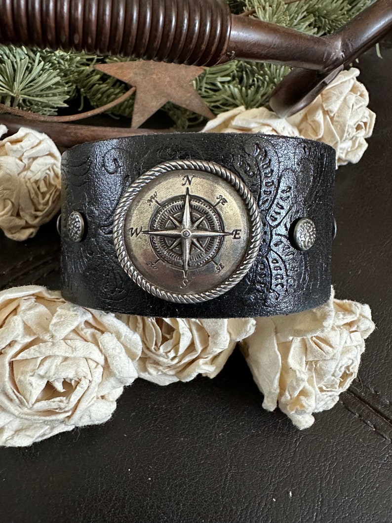 Compass Bracelet Leather Cuff, Compass Gifts, Nautical Jewelry, Leather ...