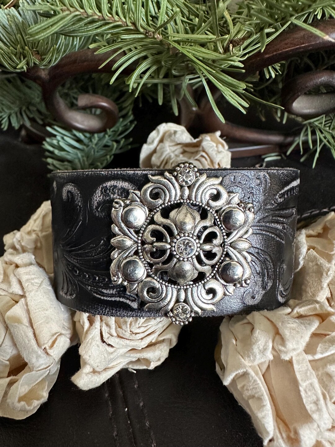 Bling Bracelet Leather Cuff, Flower Rhinestone Bracelet, Jeweled Wrist ...
