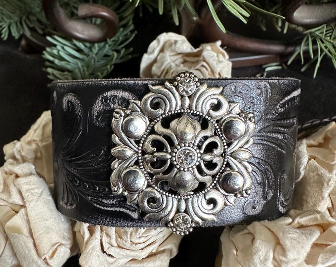 Bling Bracelet Leather Cuff, Flower Rhinestone Bracelet, Jeweled Wrist ...