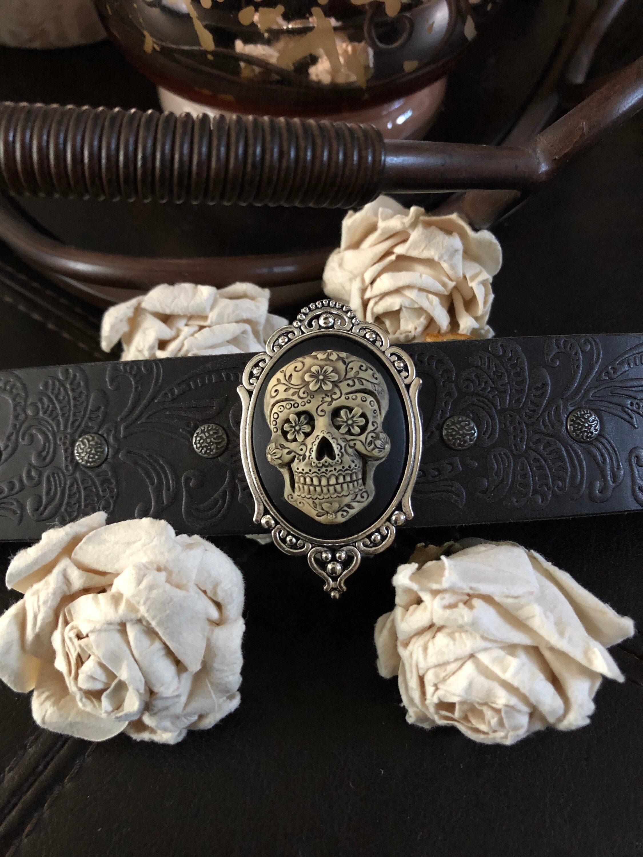 Sugar skull bracelet leather cuffskull giftgothic | Etsy