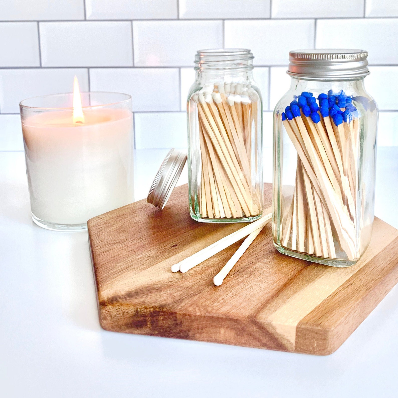 Tall Square Mason Matchstick Jar Colored Matches Strike on - Etsy