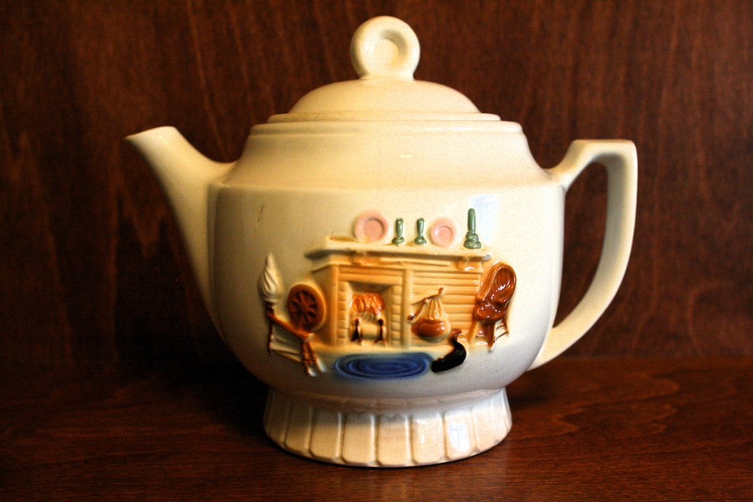 MCM Ivory Ceramic Teapot With Lid Featuring Hearth & Spinning Wheel ...