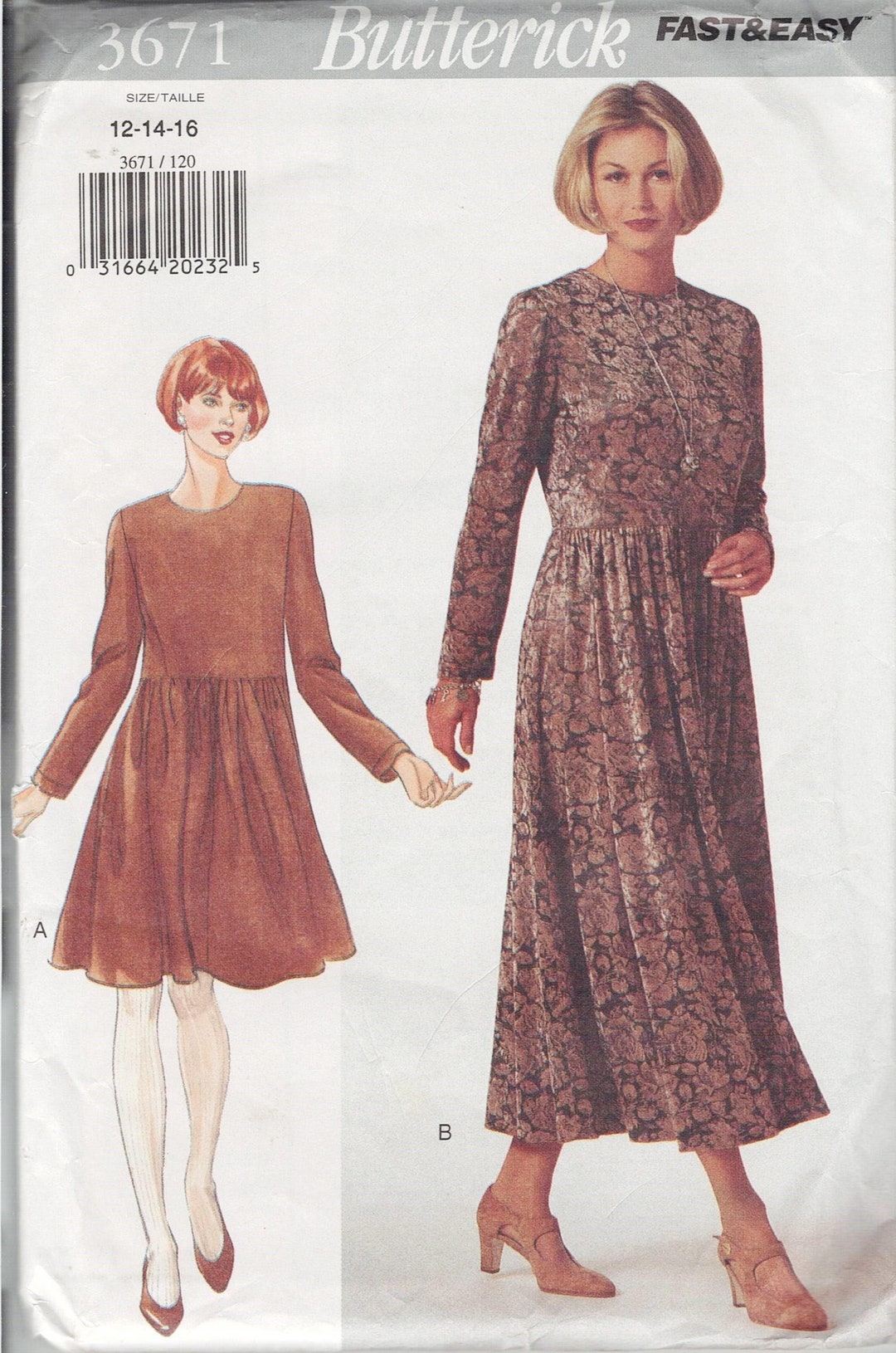 1990's Butterick Fast & Easy Misses' Dress UNCUT Sewing Pattern 3671 ...