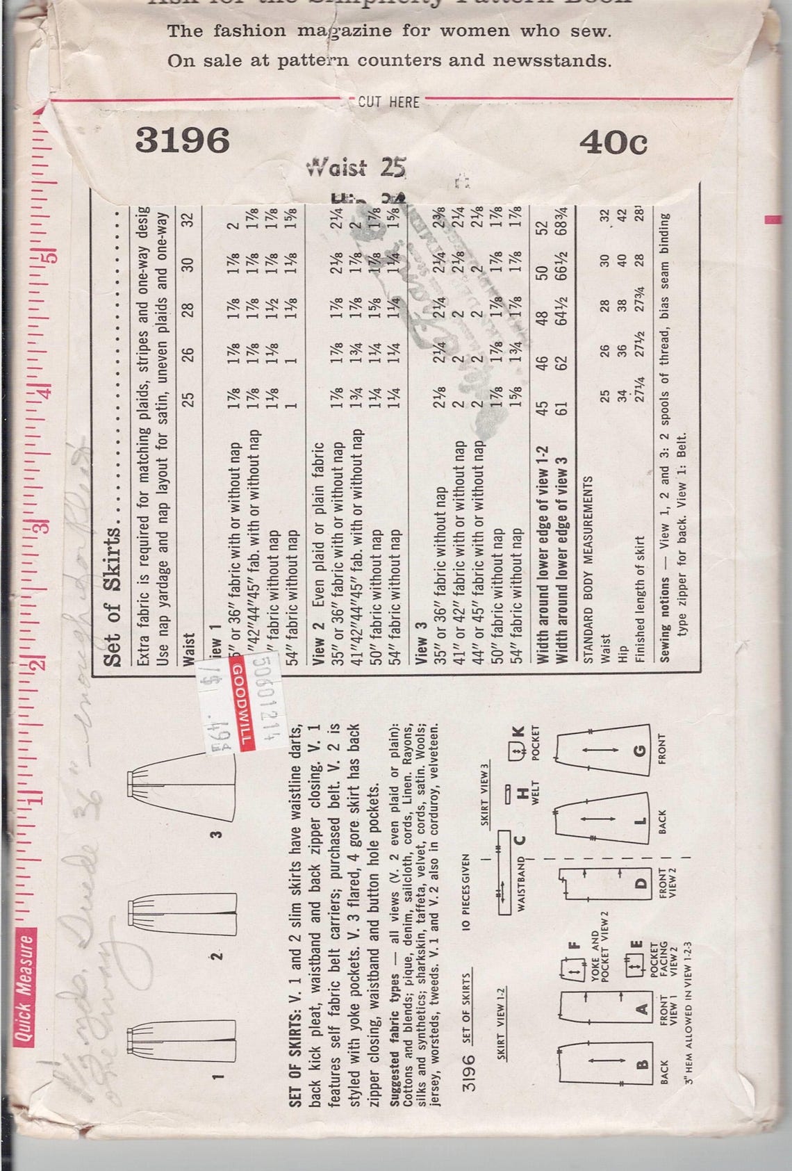 1960s Misses' Skirt Simplicity Printed UNCUT Sewing Pattern 3196, Waist ...