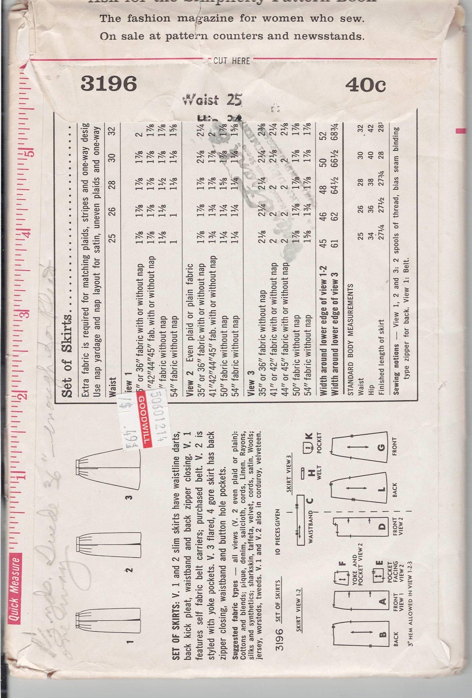 1960s Misses' Skirt Simplicity Printed UNCUT Sewing Pattern 3196, Waist ...