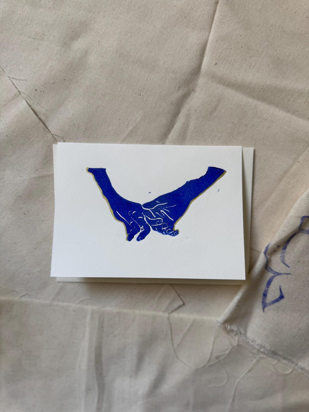 Handmade Linocut Blue Holding Hands Card - Etsy