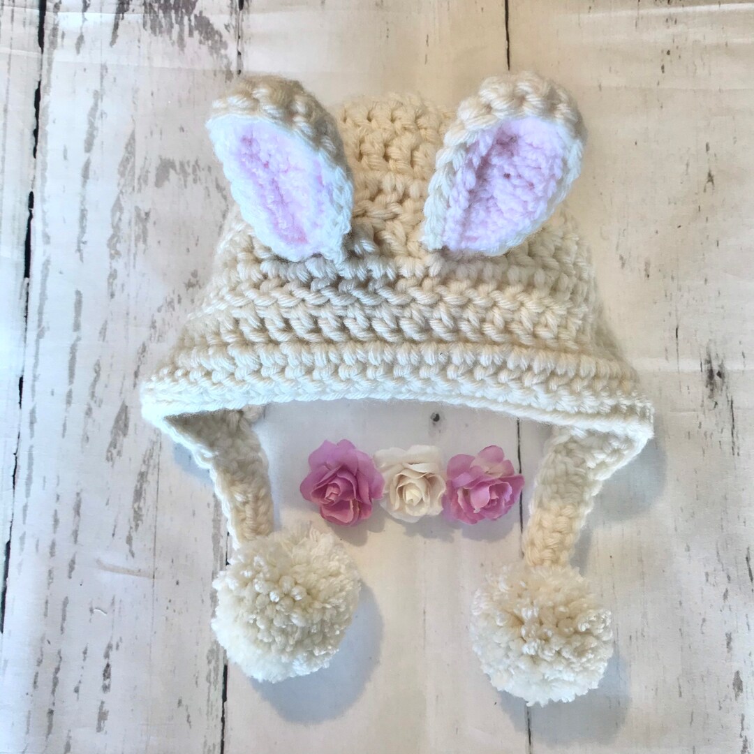 Handmade Crochet Easter Bunny Bonnet With Ears and Pom Poms, Choice of ...