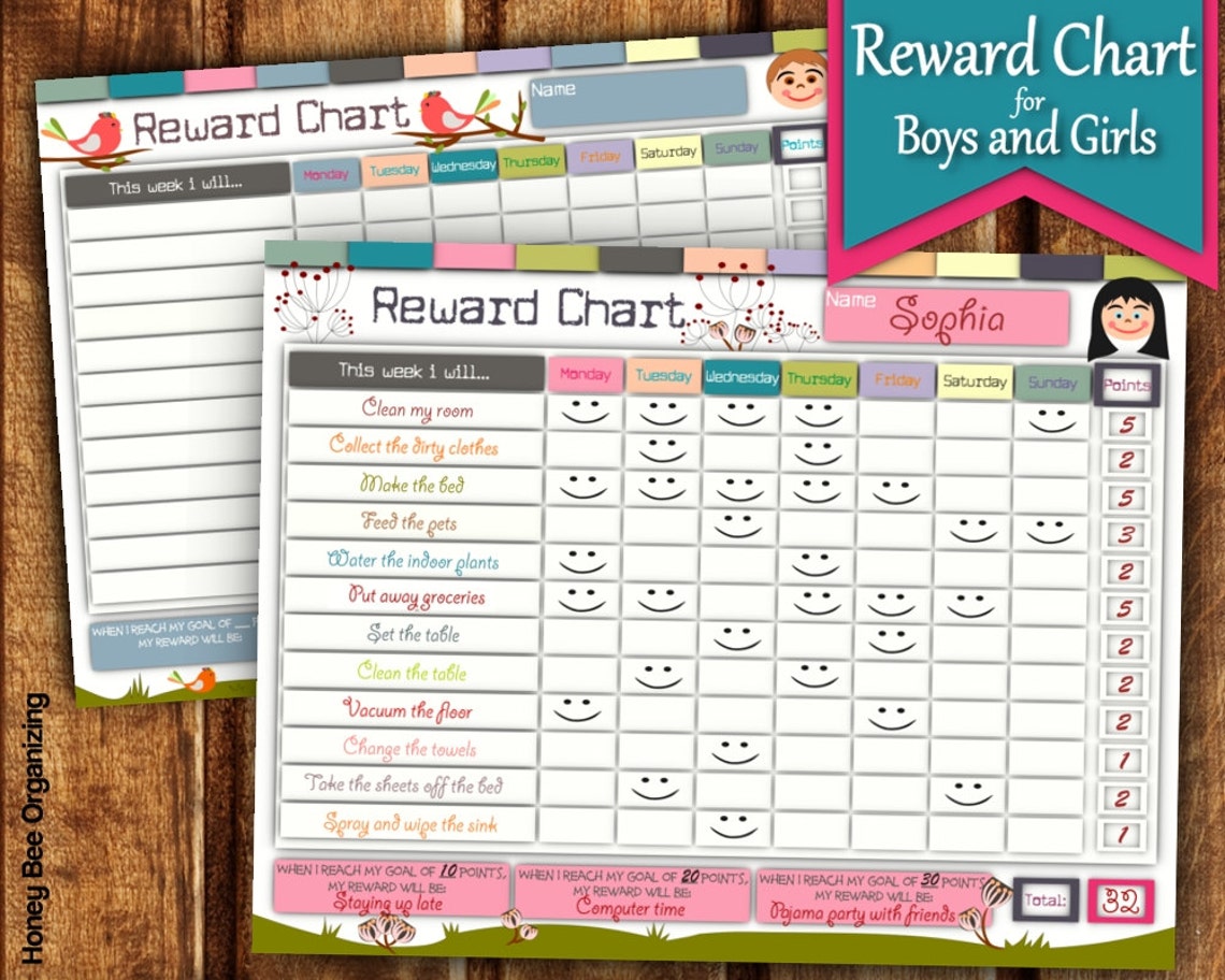 Printable Reward Chart for Girls and Boys 8.5x11'' Editable Kids Reward ...
