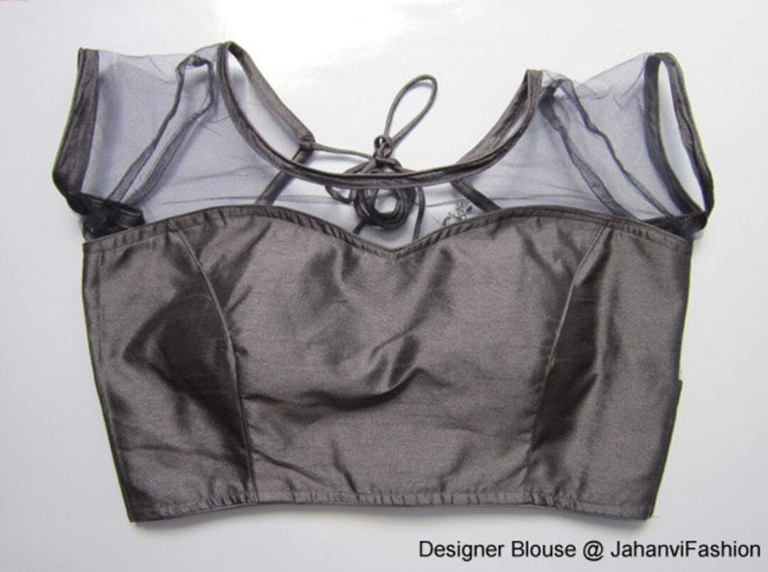 Readymade Saree Blouse in Dark Gray Dupion Top Part Transparent With ...