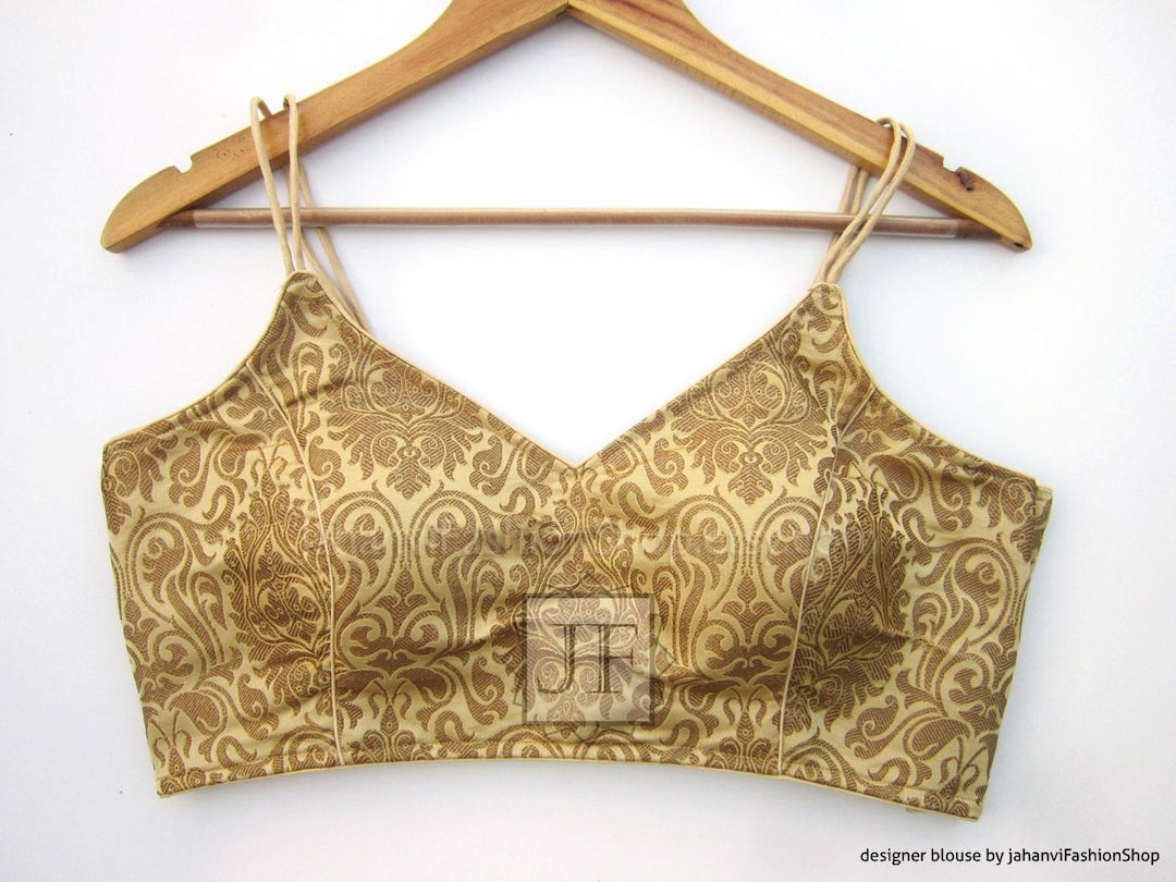 Golden Strap Saree Blouse Designs: Back Open With Pads Embellished Sari ...