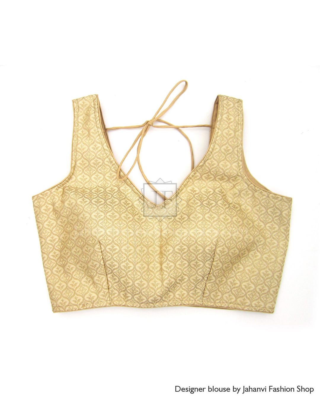 Golden V-neck Saree Blouse: Back Open, Sleeveless, Padded Top for ...