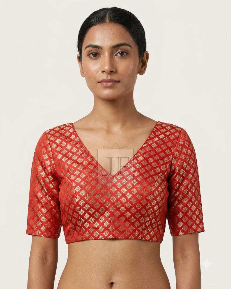 Red Checks Brocade Silk Saree Blouse V-neck, Party Wear Tailor-made ...