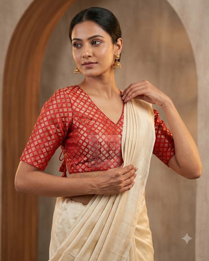 Red Checks Brocade Silk Saree Blouse V-neck, Party Wear Tailor-made ...
