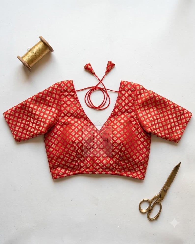 Red Checks Brocade Silk Saree Blouse V-neck, Party Wear Tailor-made ...