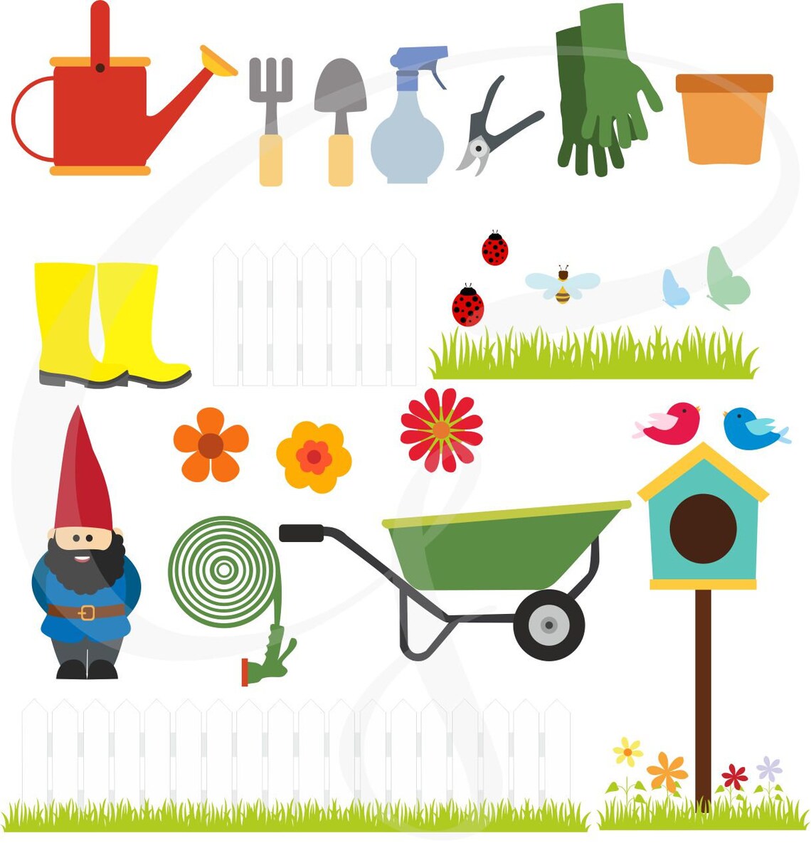 Gardening Clipart Set Garden Clip Art, Flowers, Soil, Grass, Rake ...
