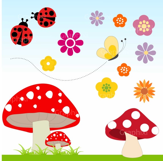 Clip art toadstool, digital, images, ladybug, grass, clipart commercial ...