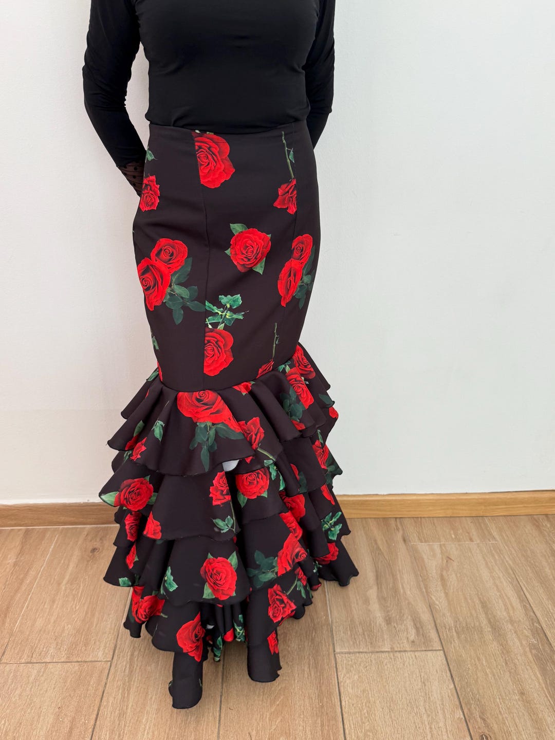 Flamenco Skirt With a Red Rose Print and Ruffles | Handmade ...