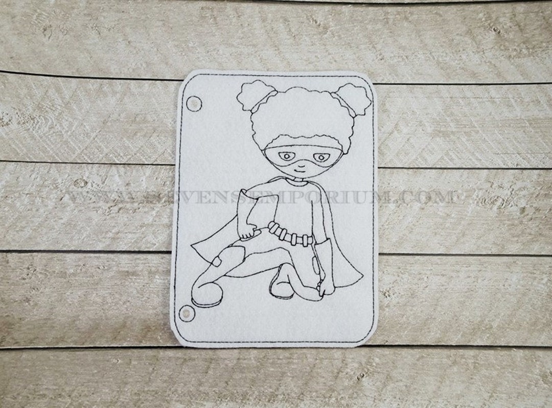 Crouching Superhero Girl Curly Puff Afro in the Hoop Doodle-it Coloring ...