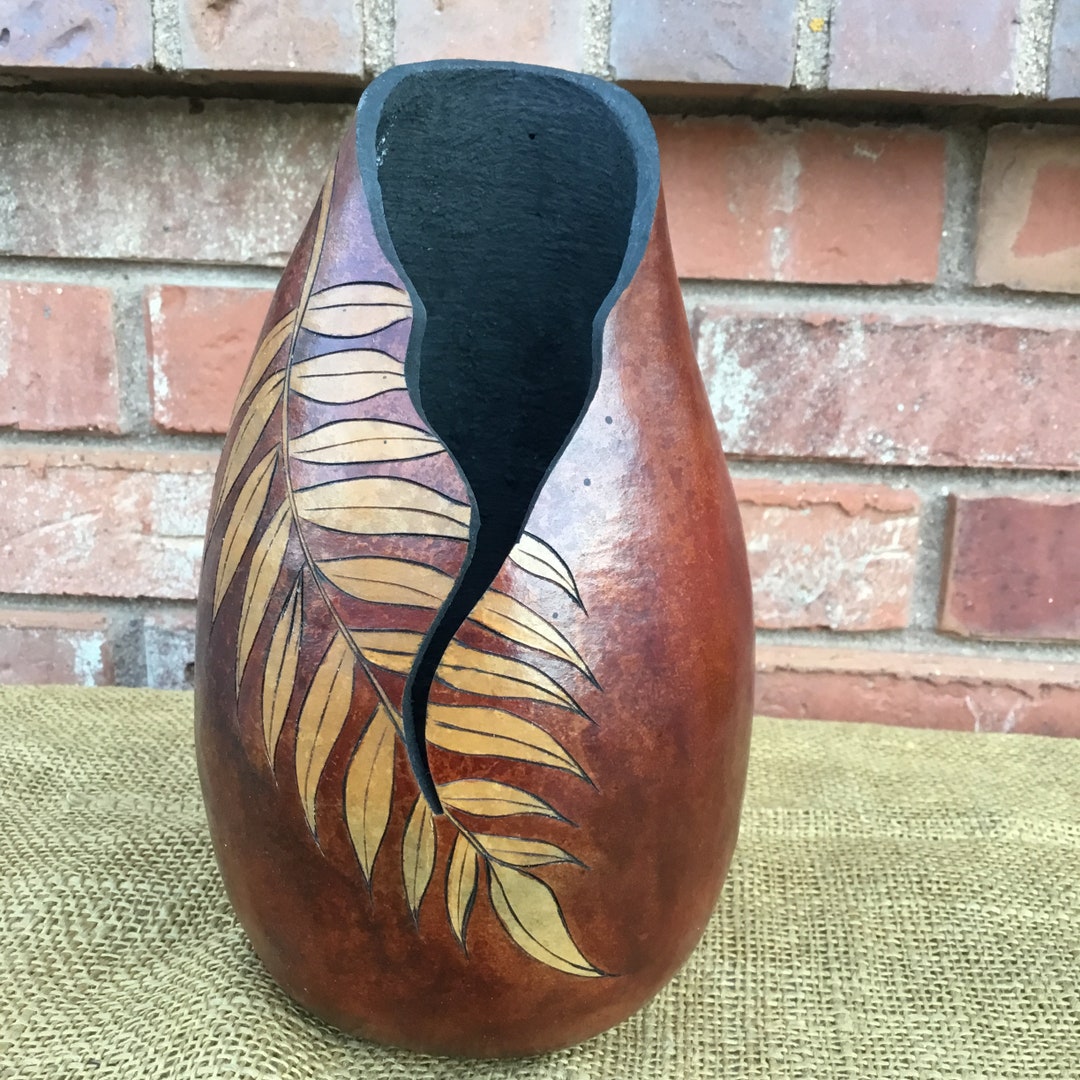 Hand Carved/ Stained Gourd Vase 7 3/4 High Nature Art Gourd Art Unique ...