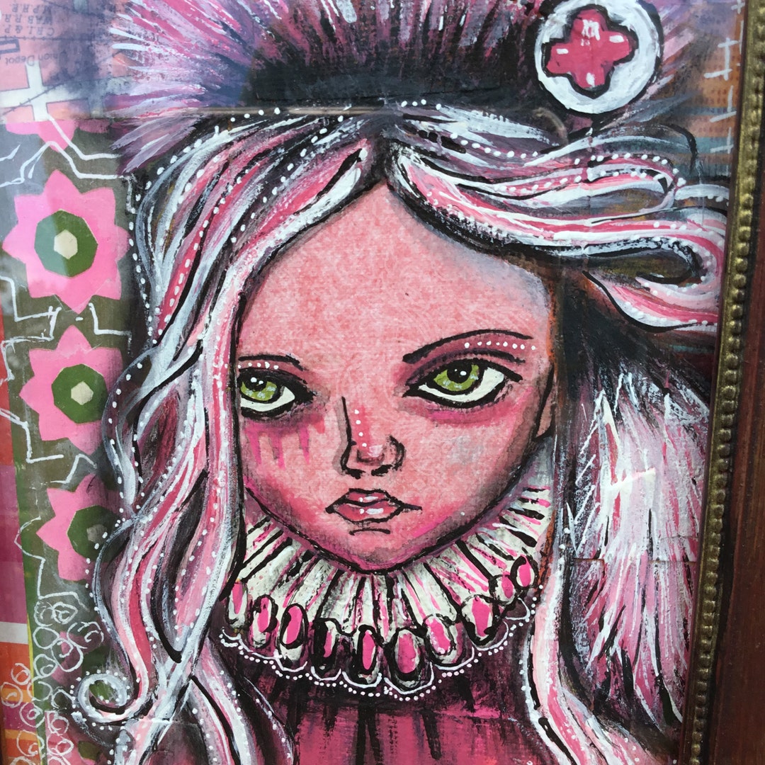Pink Goth Girl Mixed Media Collage Painting in Wood Frame With Glass ...