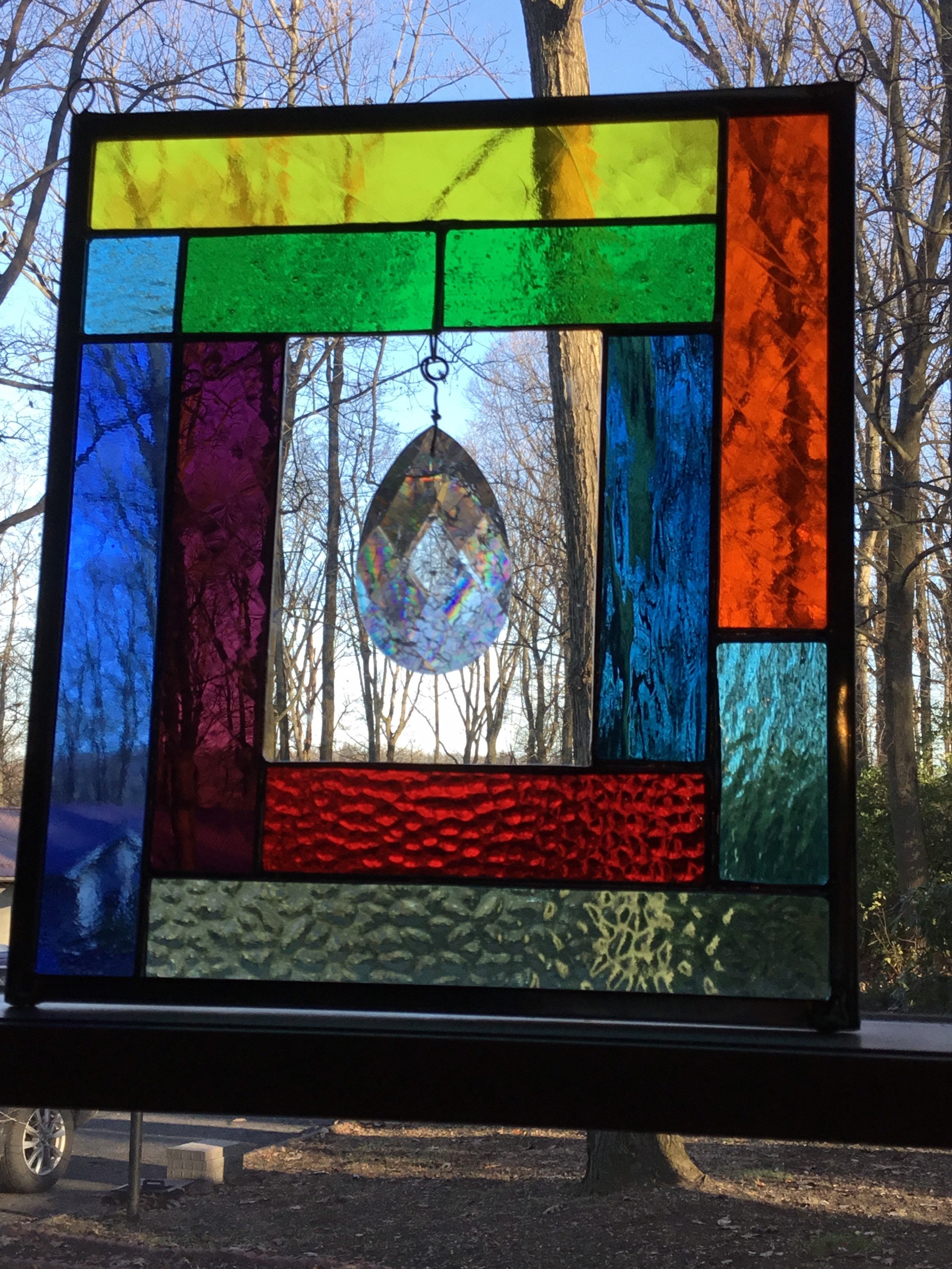 Rainbow Stained Glass Panel With Huge Hanging Crystal - Etsy