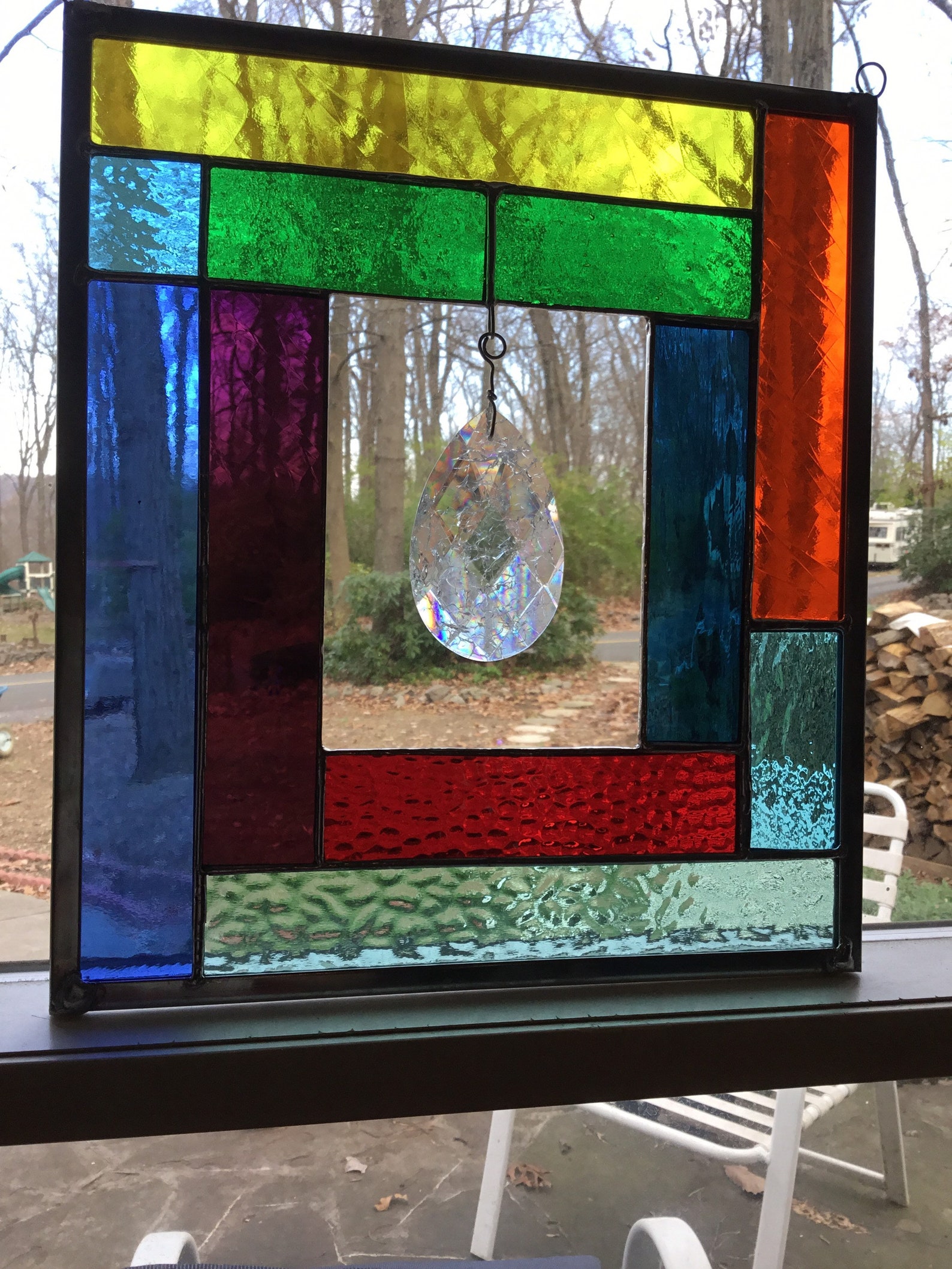 Rainbow Stained Glass Panel With Huge Hanging Crystal - Etsy