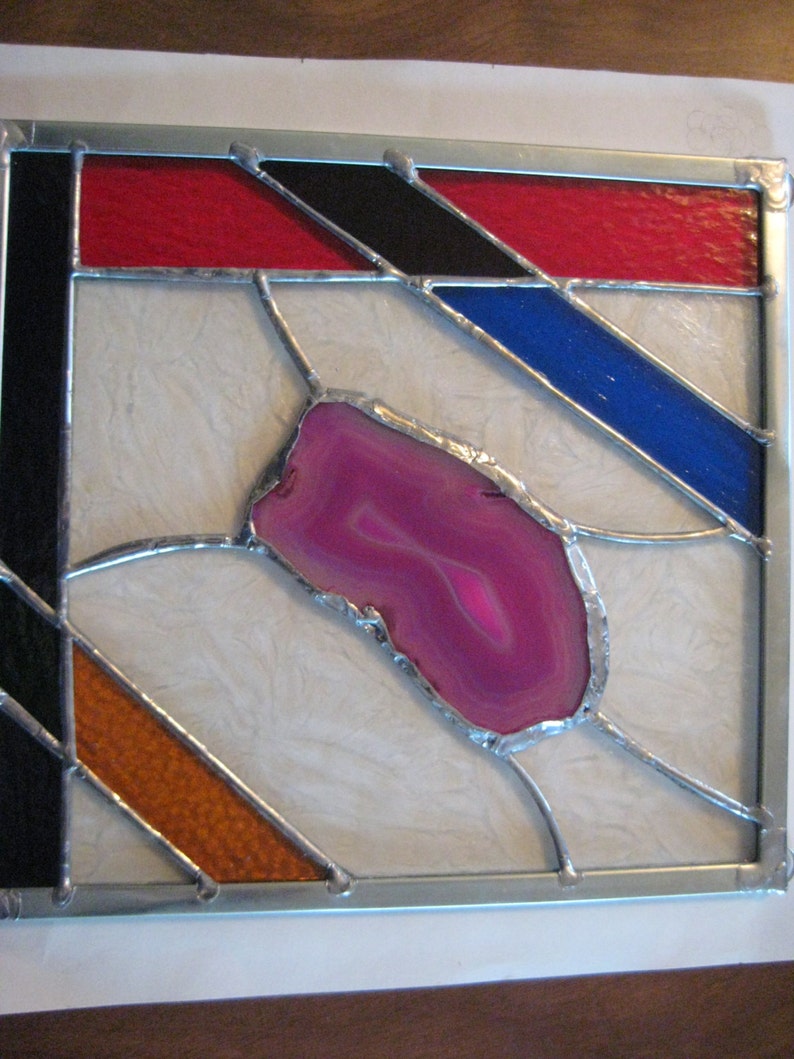 HUGE Pink Agate Slice Stained Glass Window Hanging Panel Sun-catcher ...
