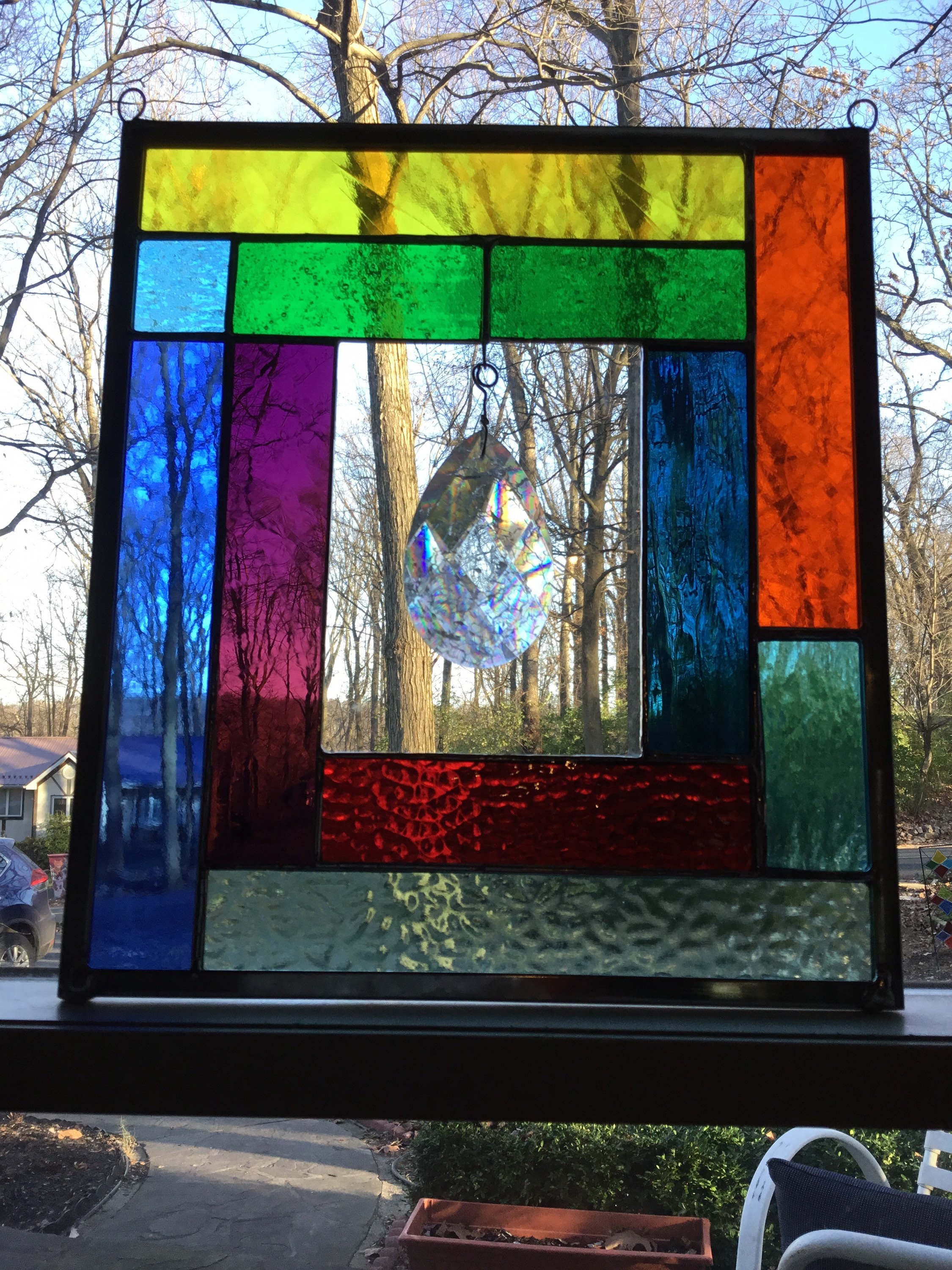 Rainbow Stained Glass Panel With Huge Hanging Crystal - Etsy