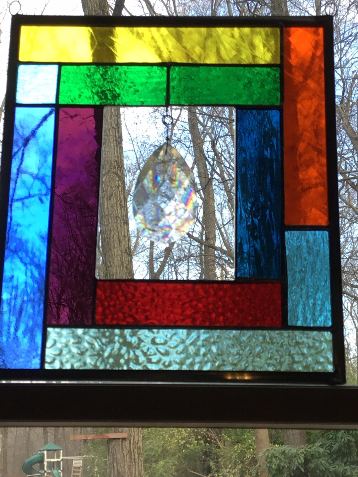 Rainbow Stained Glass Panel With Huge Hanging Crystal - Etsy