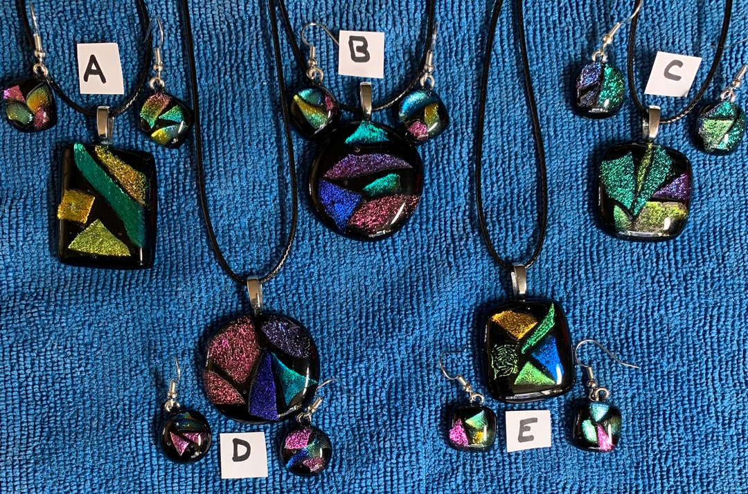 Dichroic Handmade Fused Glass Jewelry Set Earrings and Pendant Necklace ...